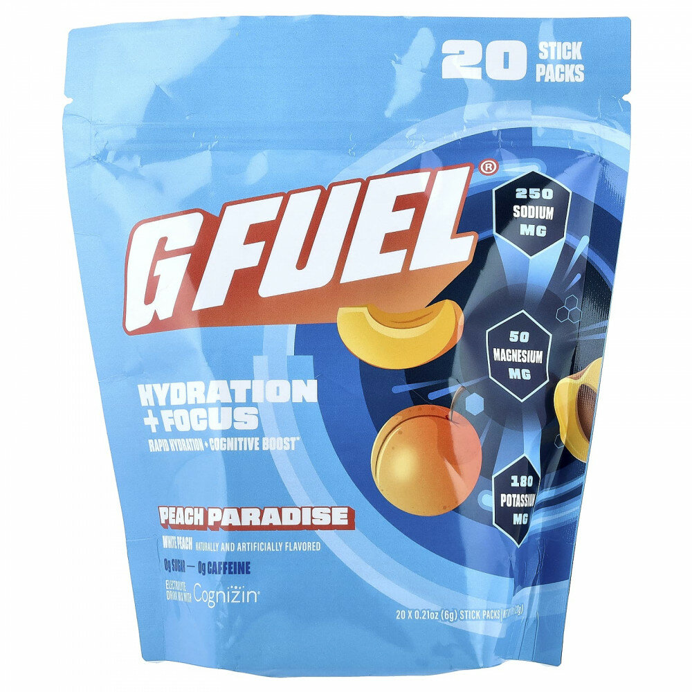 G FUEL, Hydration + Focus, смесь для приготовления электролитического напитка с Cognizin®, персик, 20 пакетиков-стиков по 6 г (0,21 унции)