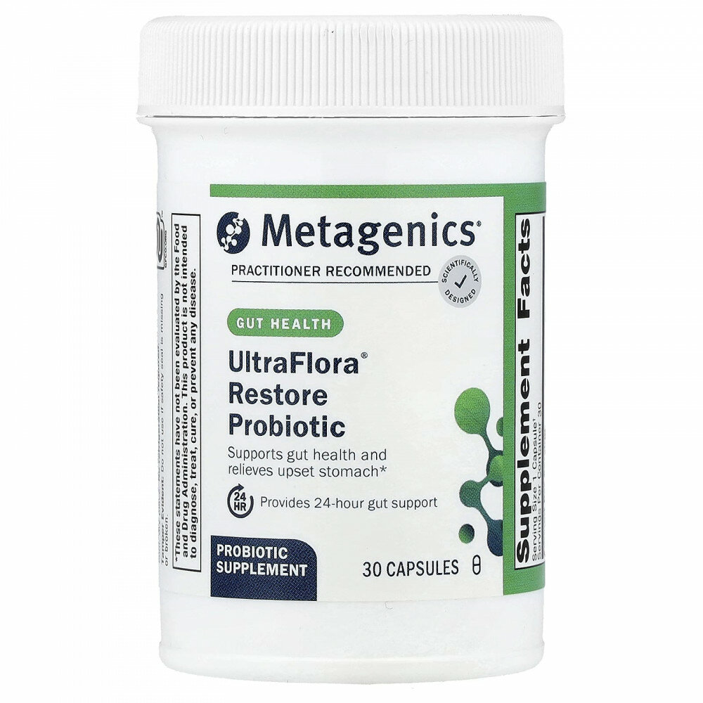 Metagenics, UltraFlora®, восстанавливающий пробиотик, 30 капсул (253,5 мг (20 млрд КОЕ) в 1 капсуле)