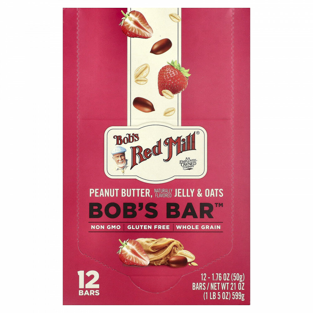Bob's Red Mill, Bob's Bar™, арахисовая паста, желе и овсянка, 12 батончиков по 50 г (1,76 унции)