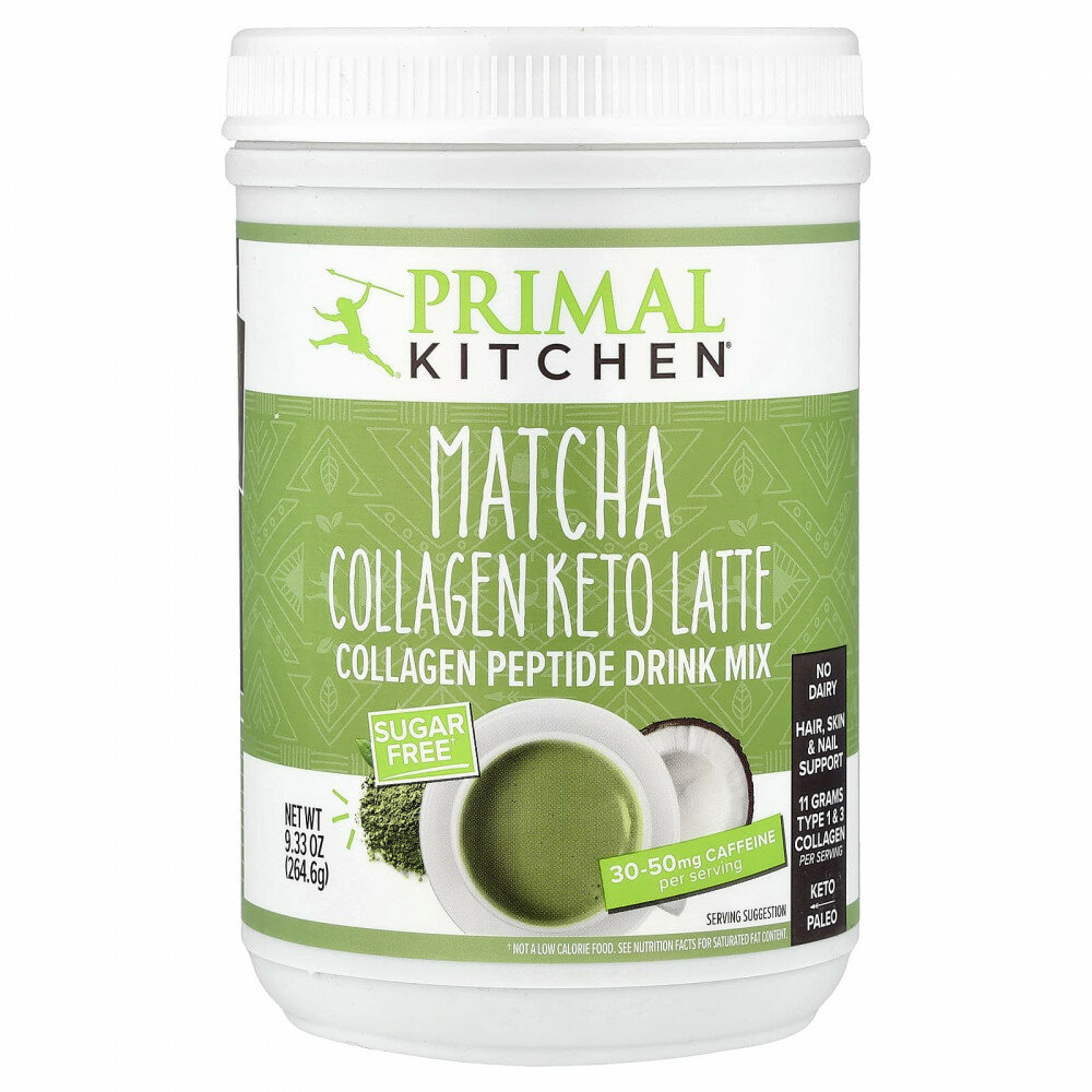 Primal Kitchen, Collagen Keto Latte, кетогенный кофе латте с коллагеном, матча, 264,6 г (9,33 унции)