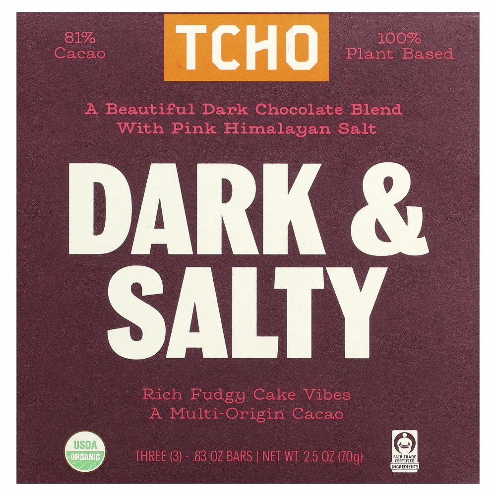 TCHO, Dark & Salty, темный шоколад с розовой гималайской солью, 81% какао, 3 плитки по 0,83 унции