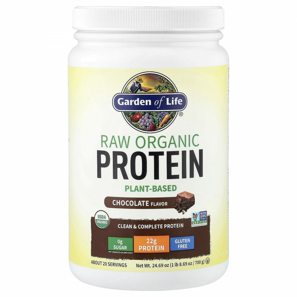 Garden of Life, необработанный органический протеин, со вкусом шоколада, 700 г (1 фунт, 8,69 унции)
