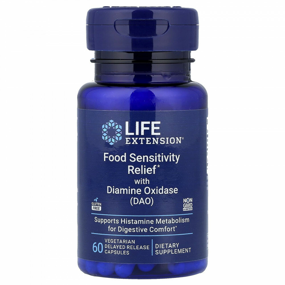 Life Extension, средство для облегчения чувствительности к пище с диаминоксидазой (DAO), 60 вегетарианских капсул с отсроченным высвобождением (4,3 мг в 1 капсуле)