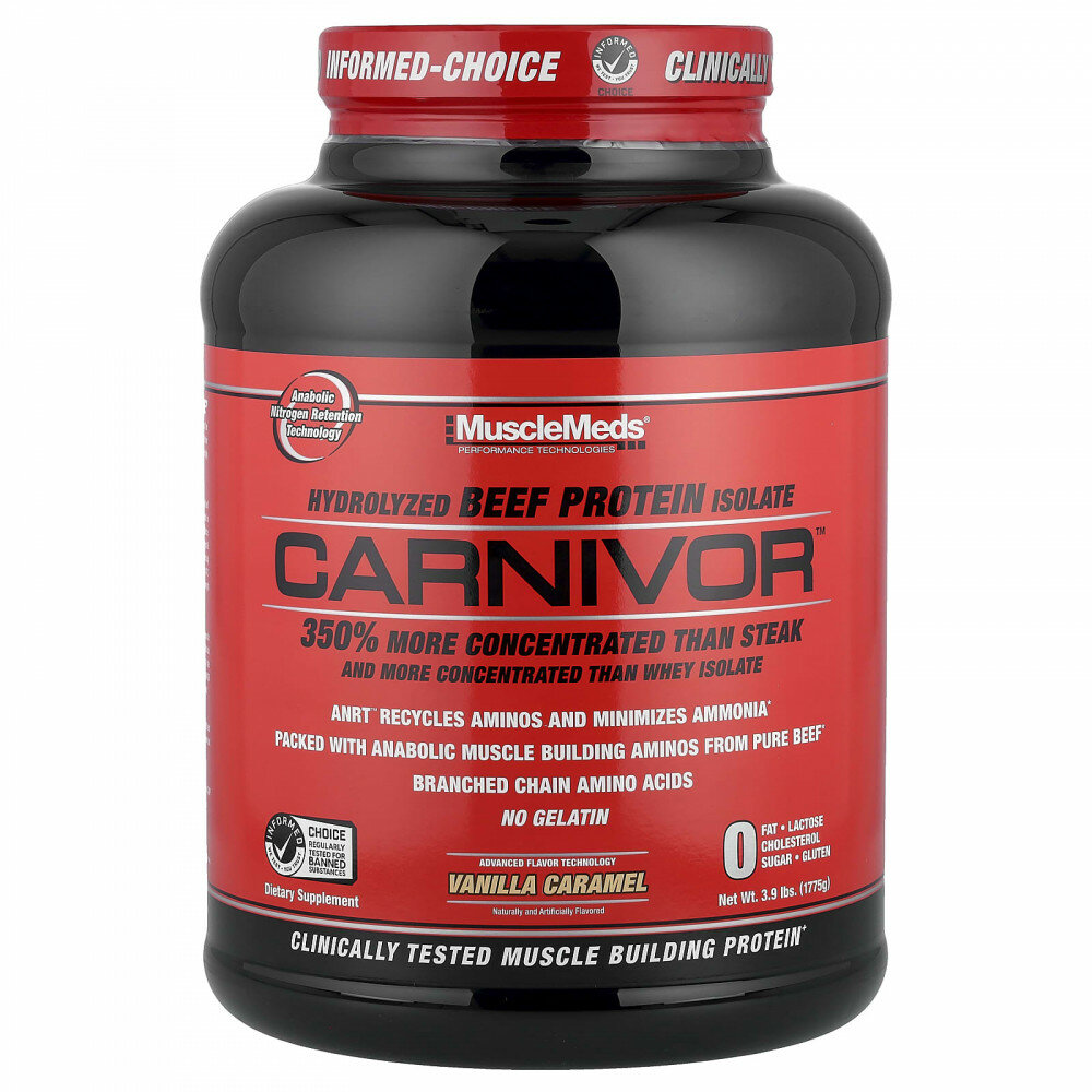 MuscleMeds, Carnivor™, гидролизованный изолят говяжьего протеина, вкус ванили и карамель, 1775 г (3,9 фунта)
