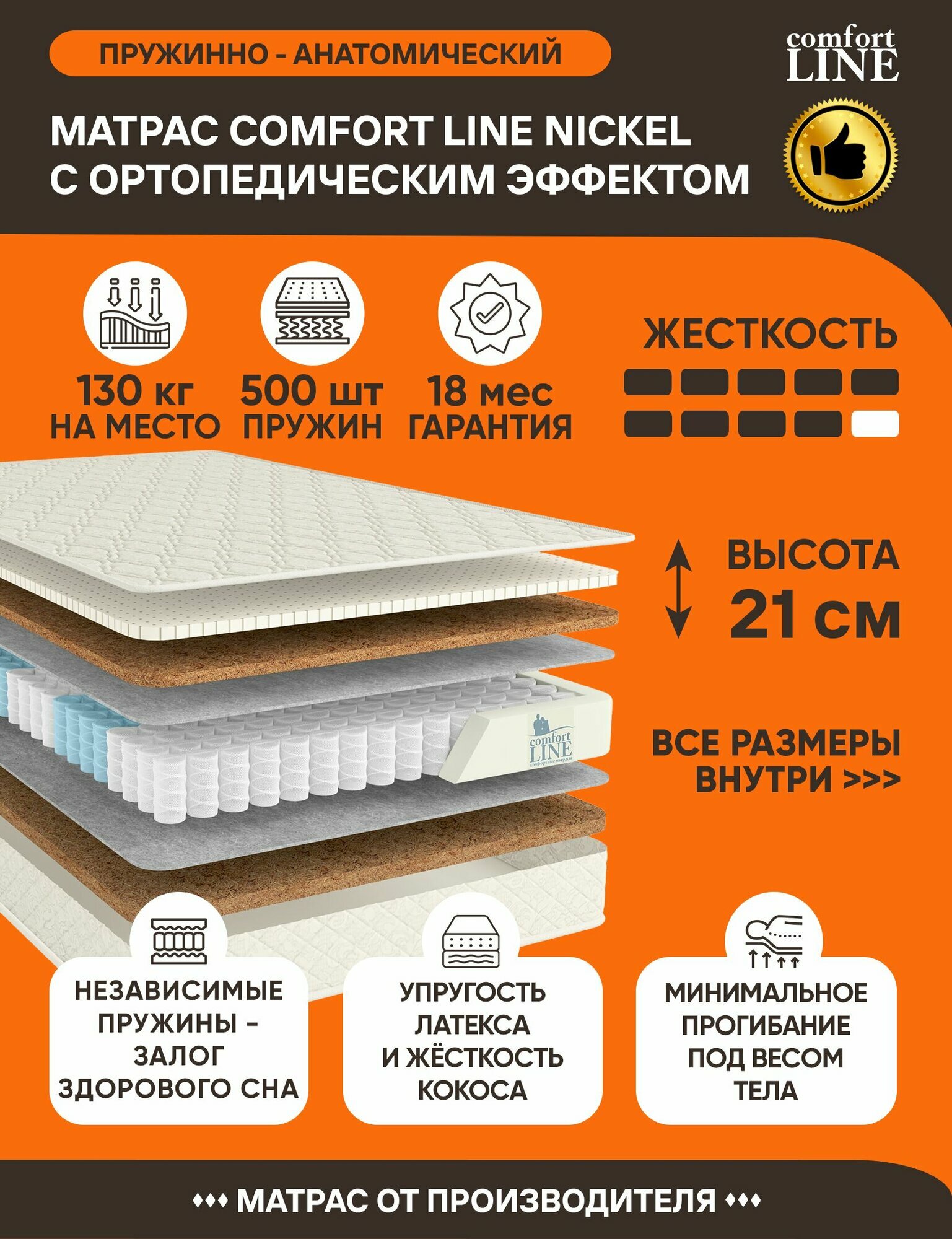 Матрас Comfort Line Nickel 140х200 серии Lux высота 21 см анатомический жесткий средней жесткости кокосовый латексный