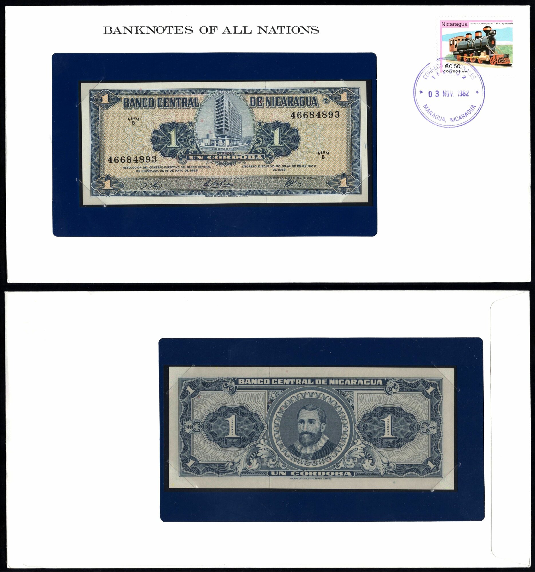 Никарагуа 1 кордоба 1968 (BANKNOTES OF ALL NATIONS) конверт, марка
