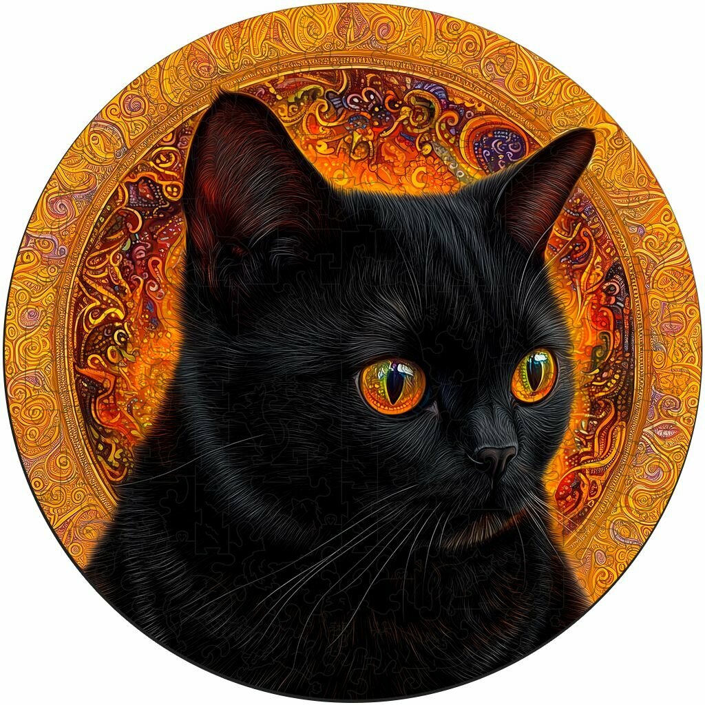 Деревянный пазл BoberBox "Мандала Британская Кошка чёрная", 200 деталей, круглый 30 см