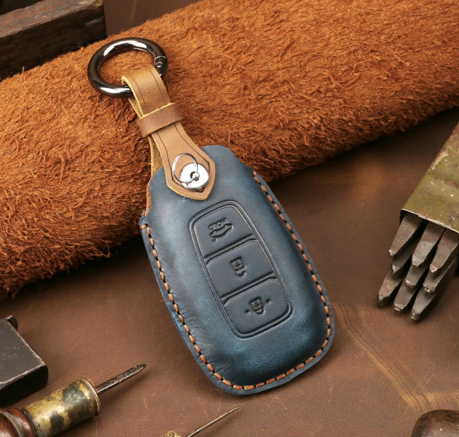 Кожаный чехол MyPads для смарт ключа Hyundai с металлическим брелком, ручная работа, синий
