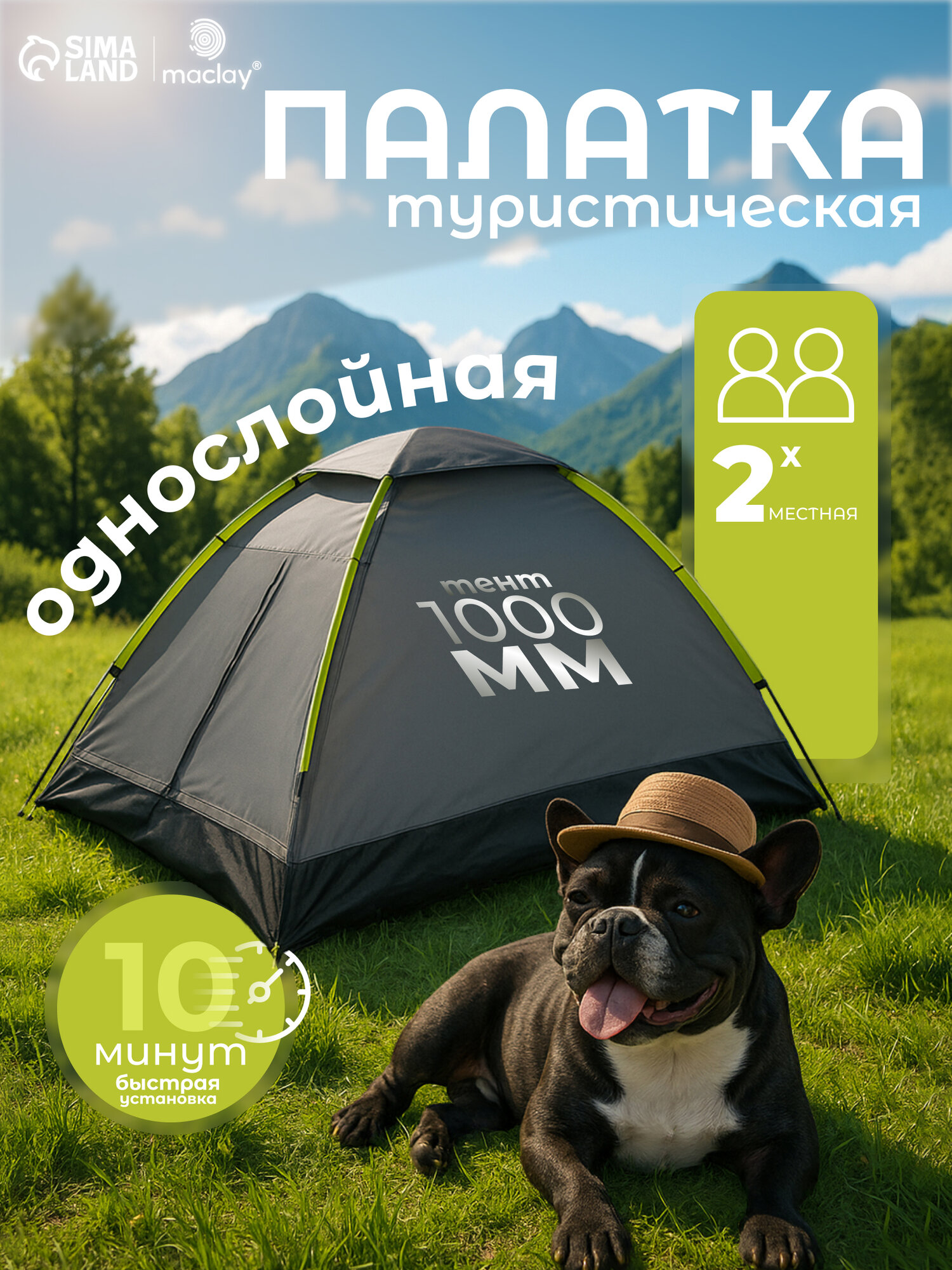 Палатка туристическая 2-местная, 205×150×105 см, автоматическая, трекинговая, однослойная, серая