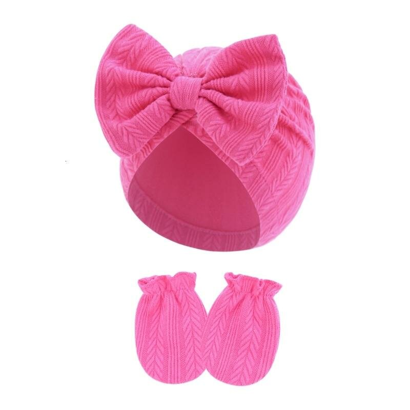 Детские перчатки-митенки и турбан, Розово-красный