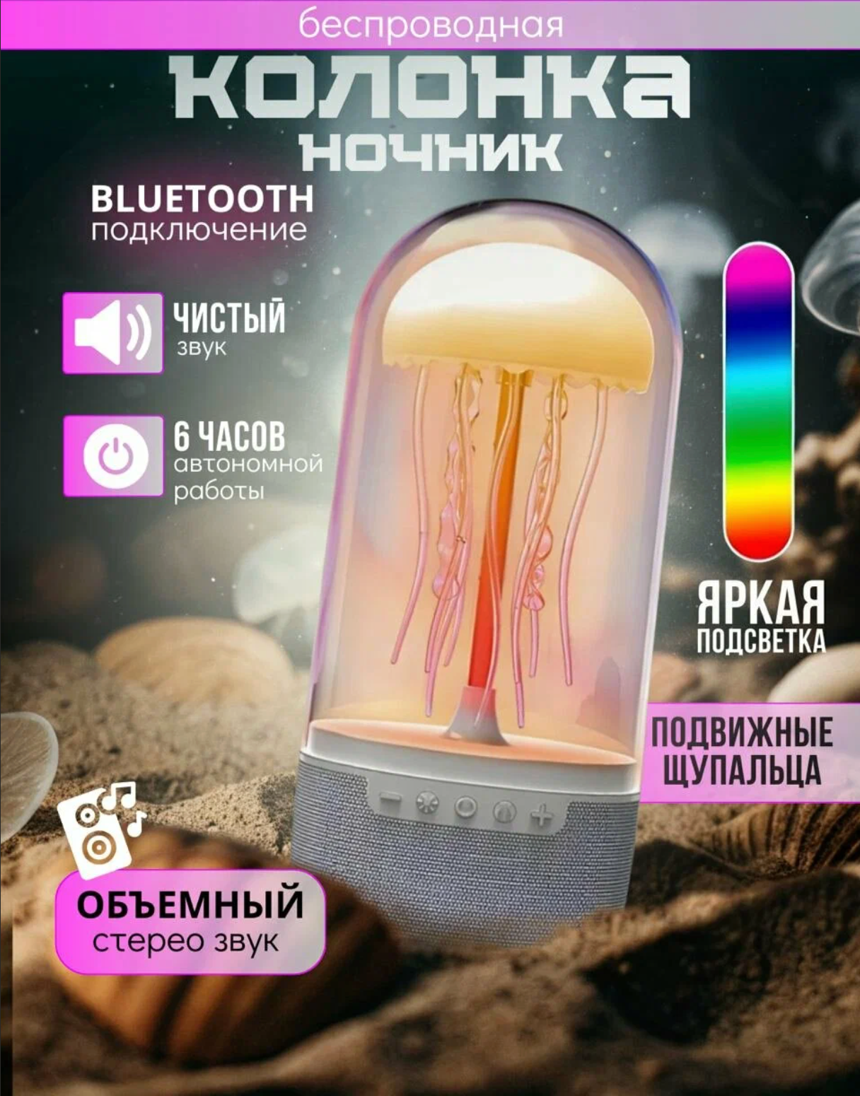 Портативная блютуз колонка Медуза, музыкальный Bluetooth ночник с эффектом движения и сменой цветов