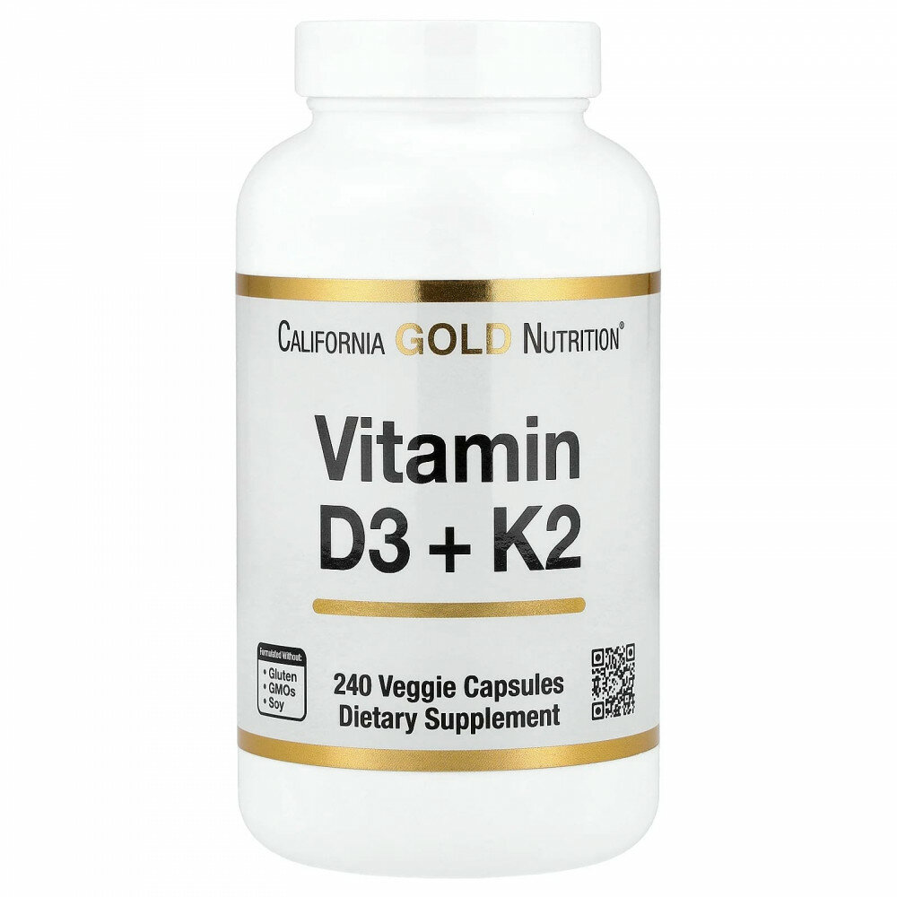 California Gold Nutrition, витамины D3 и К2, 240 растительных капсул