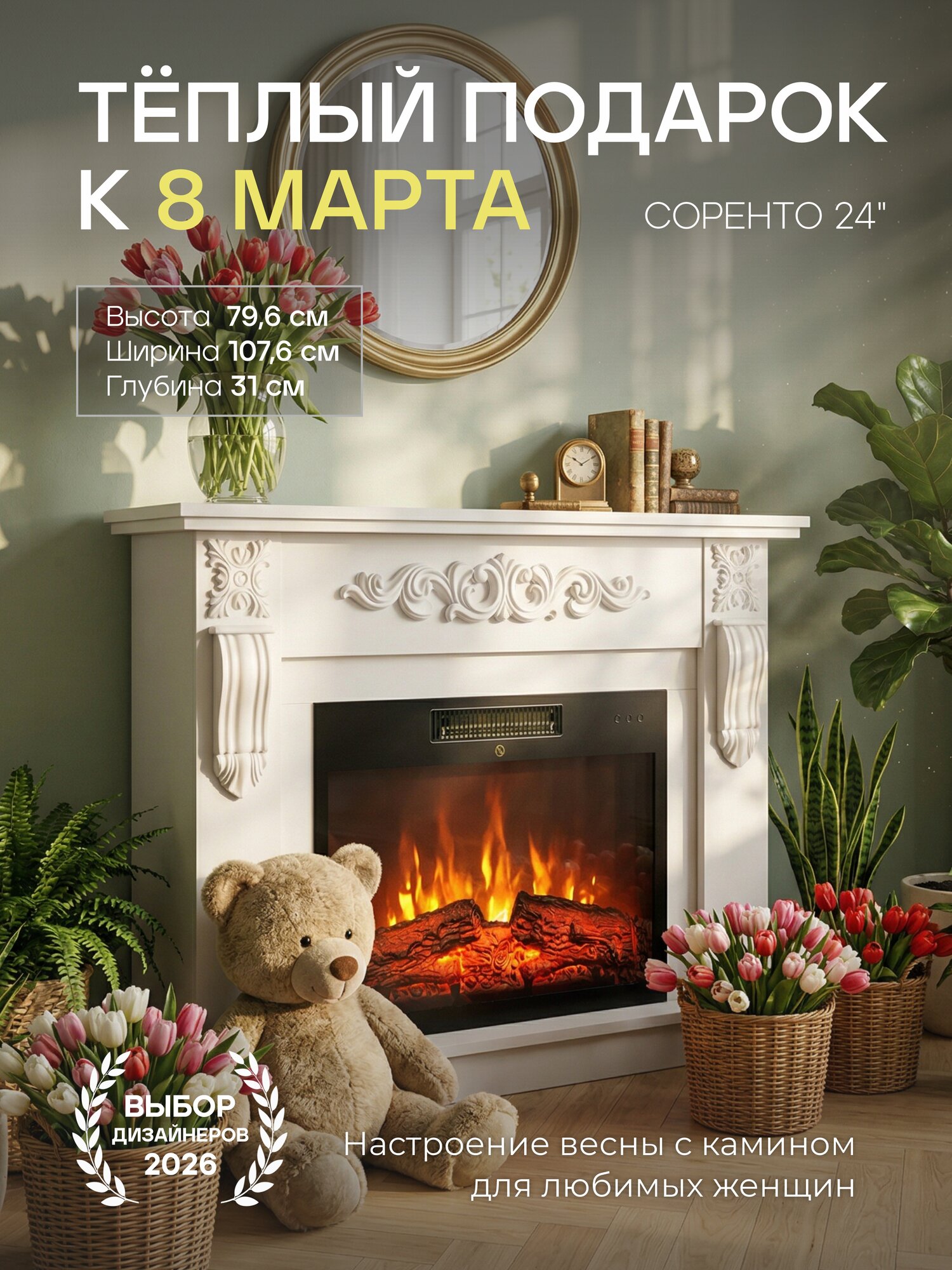 Камин электрический напольный Fires Merlin Соренто 24 белый c очагом, эффект звука потрескивания дров, живого пламени