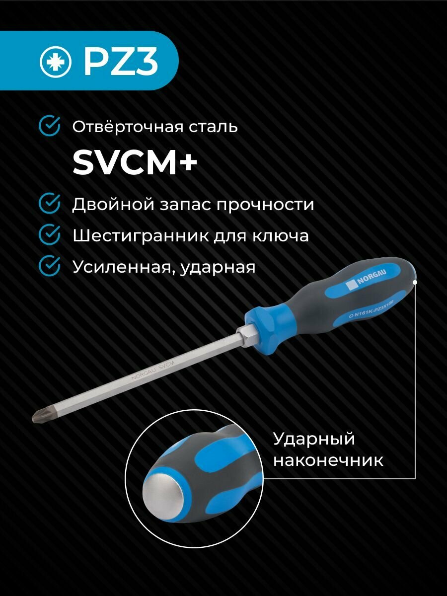 Ударная отвертка крестовая Pozidriv PZ3 NORGAU Industrial из стали SVCM с двухкомпонентной рукояткой и сплошным ударным стержнем