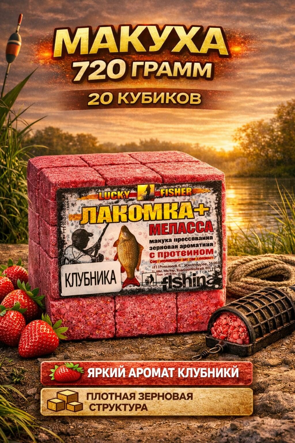 Макуха кукурузная "Клубника" 720 г 20 шт, кубики для макушатника и кормушки, прикормка для пруда и реки на карпа, сазана и белую рыбу