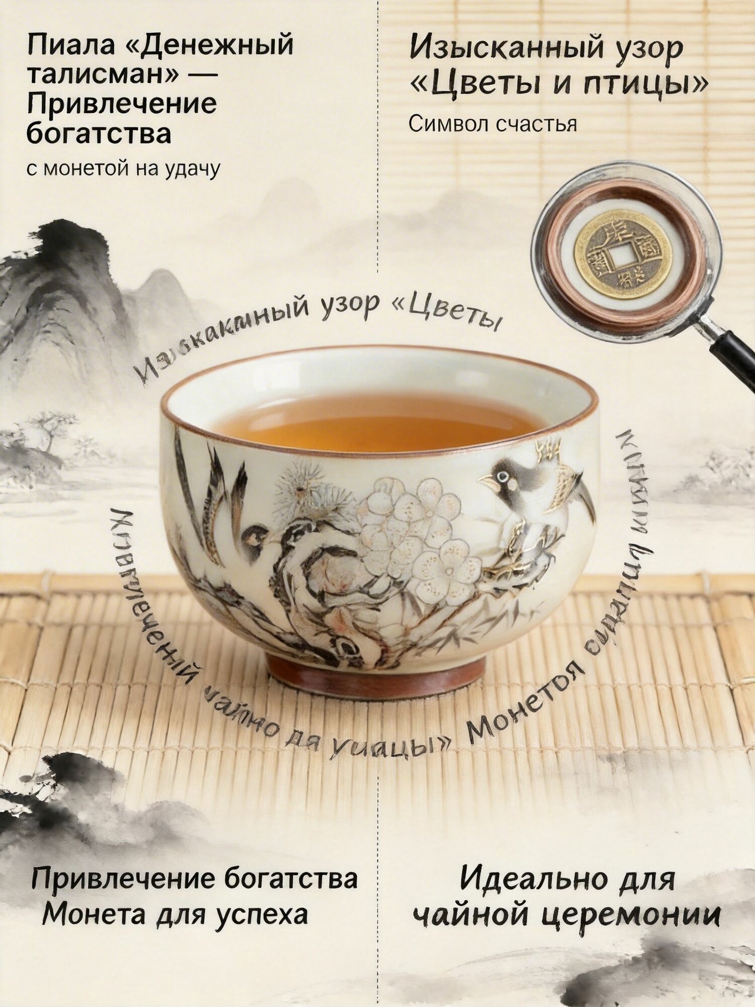 Пиала для чая фарфоровая Чаша Изобилия с золотыми иероглифами Благословение, 100 мл