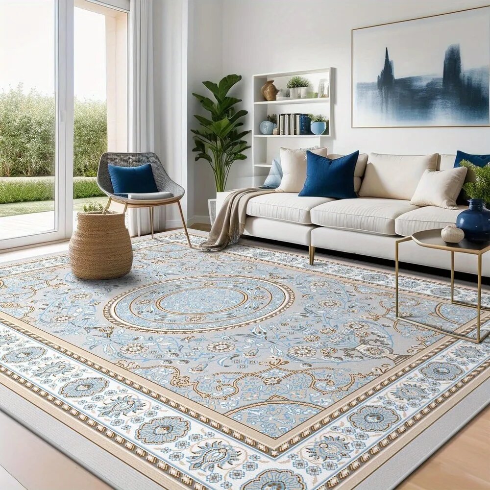 Ковер 150x100 см в классическом стиле с узором для гостиной из бархата голубого и бежевого цвета