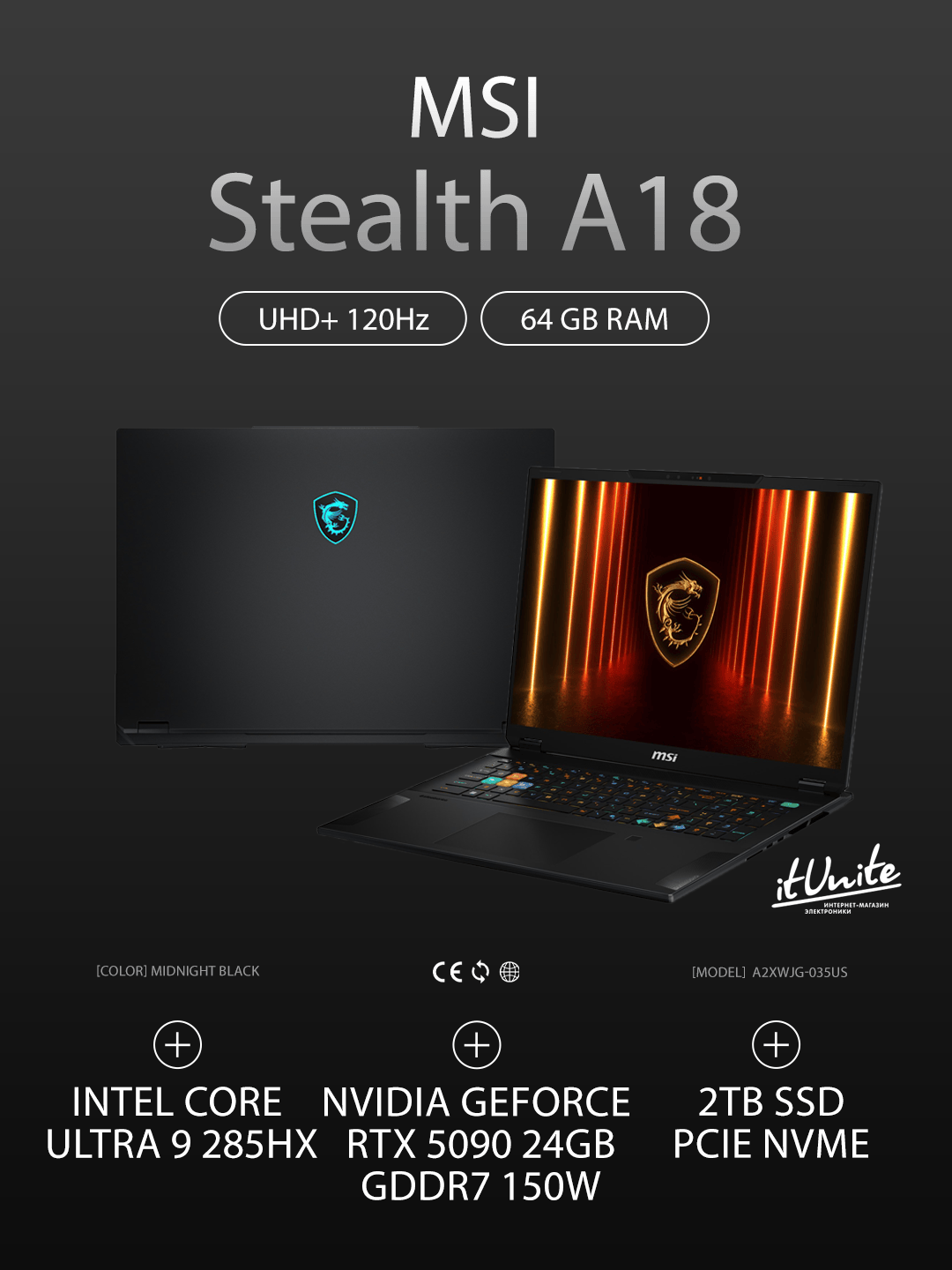 Ноутбук MSI Stealth A18 AI A2XWJG-035US (Ultra 9 275HX 2,8GHz/18"/3840x2400/64GB/2TB SSD/RTX 5090 24GB/Win11)