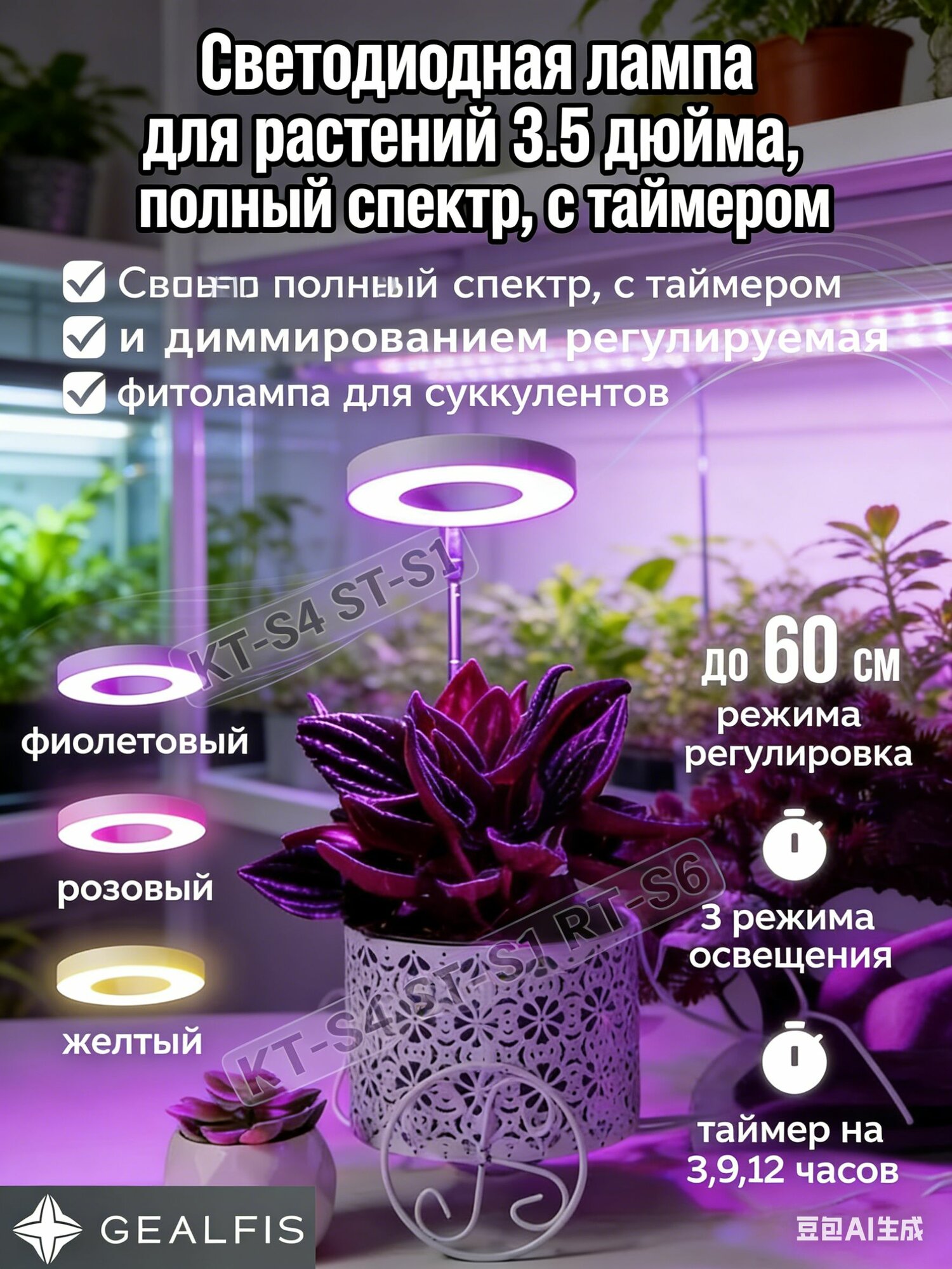 Светодиодная лампа для растений 3.5 дюйма, полный спектр, с таймером и диммированием регулируемая фитолампа для суккулентов