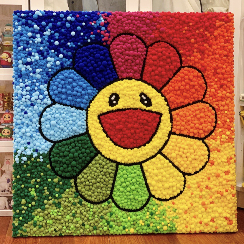 Картина из помпонов в стиле Сяохуншу с подсолнухами от Такаши Мураками, ручная работа, подарок на день рождения, картина из помпонов своими руками.