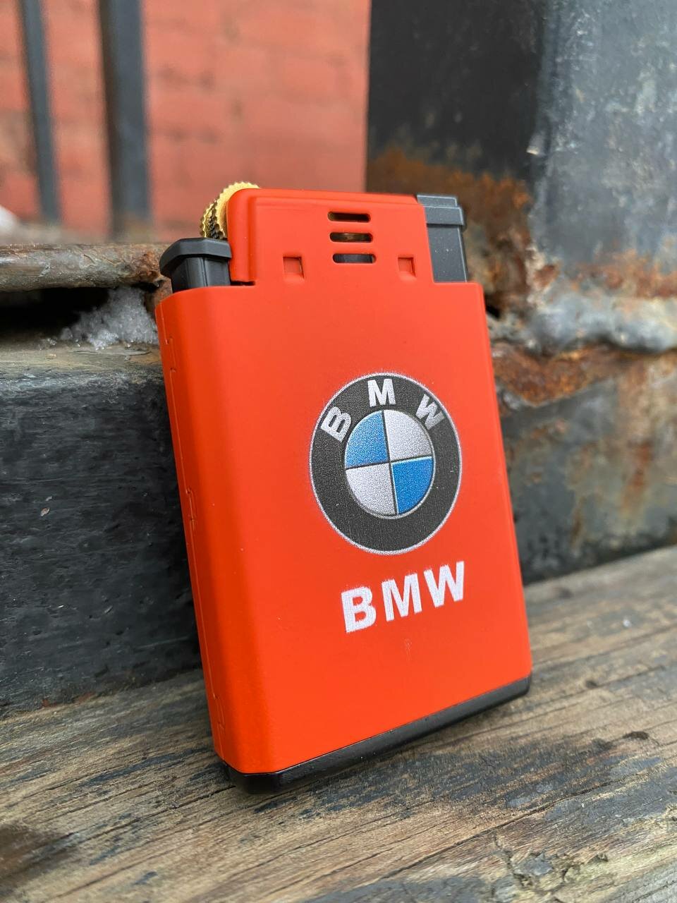 Зажигалка газовая гибридная BMW оранжевая металл без газа, два вида пламени