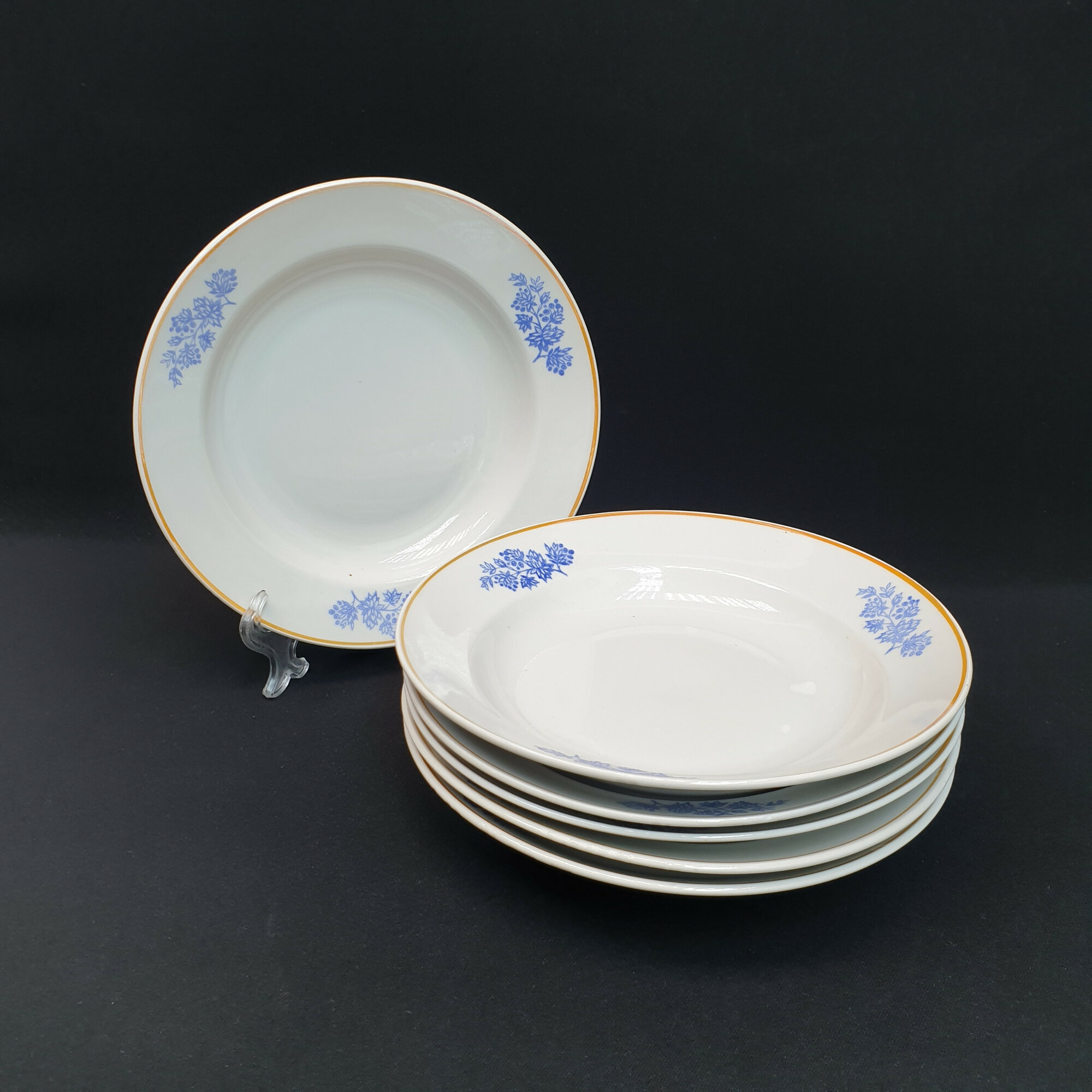 Винтажный набор из 6 суповых тарелок Пролетарий, фарфор деколь 195 мм, СССР