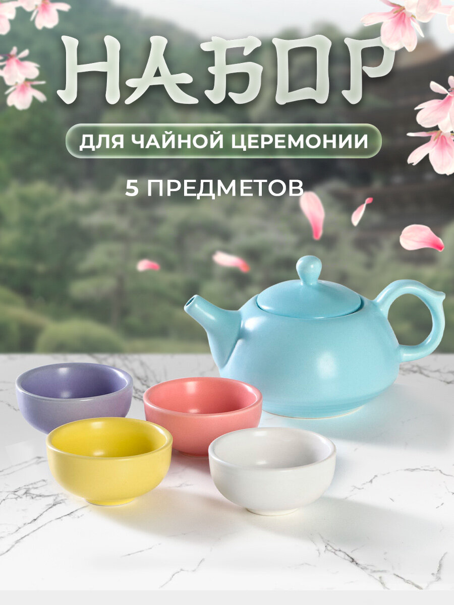 Набор для чайной церемонии «Утро», 5 предметов: 4 пиалы 50 мл, чайник 200 мл, керамика, разноцветный