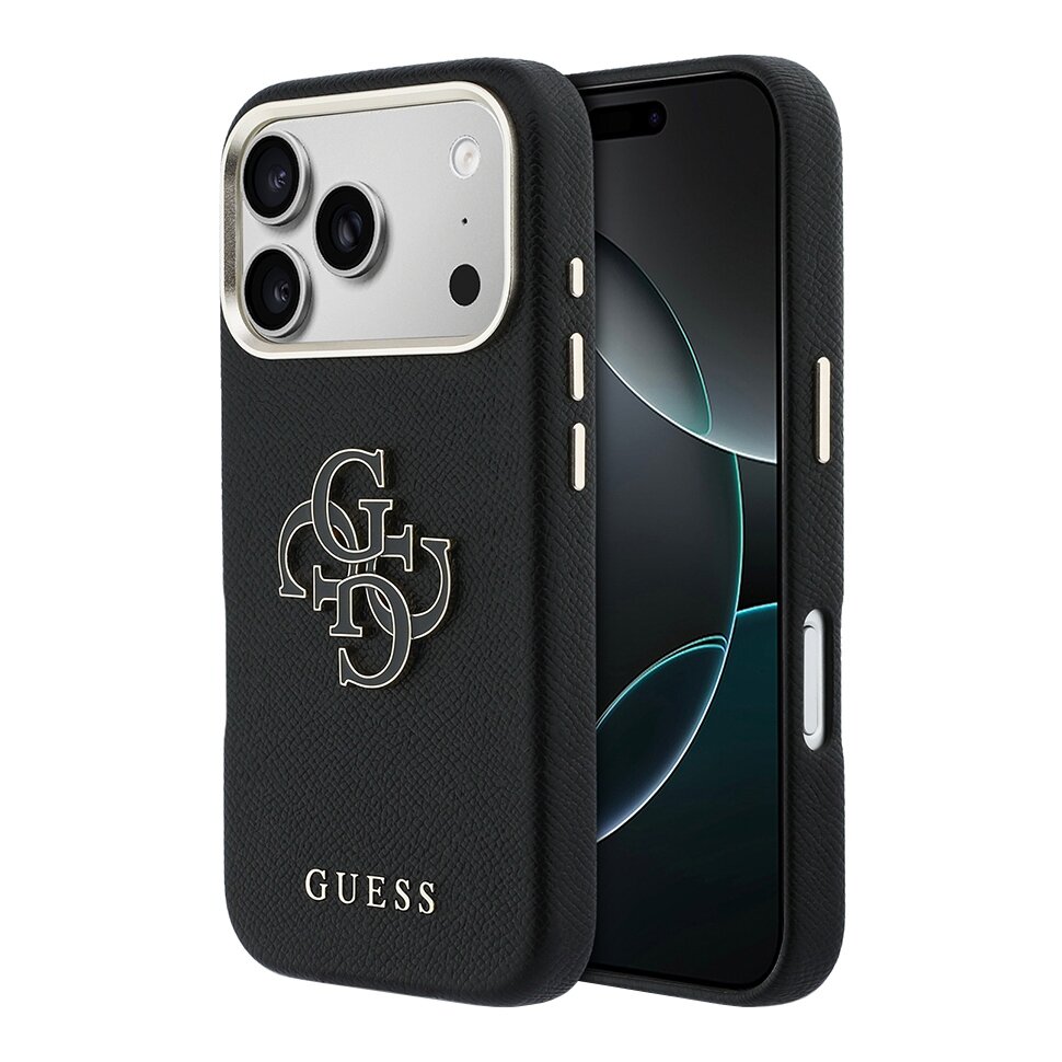 Guess чехол для iPhone 17 Pro Max, кожа Saffiano Full Wrapped, 4G Big Resin logo & Metal Camera, черный