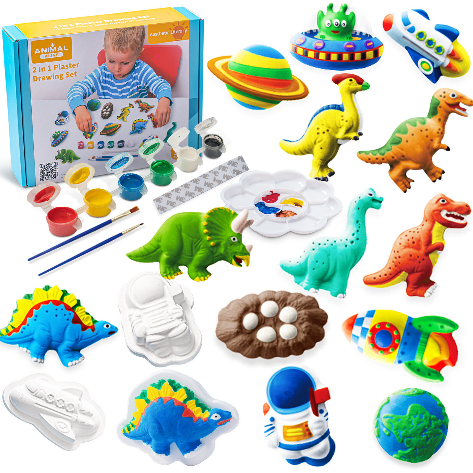 Детский набор для рисования на гипсовых фигурках: фигурки динозавров и космических существ для совместного творчества родителей и детей.