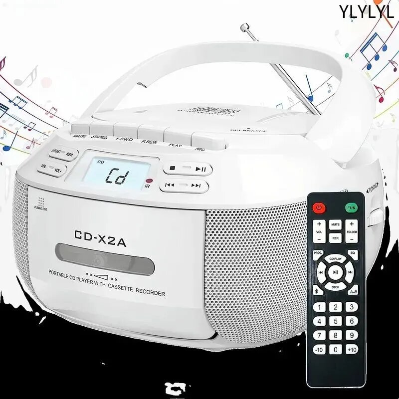 Проигрыватель компакт дисков с bluetooth портативный CD плеер с кассетой, белый