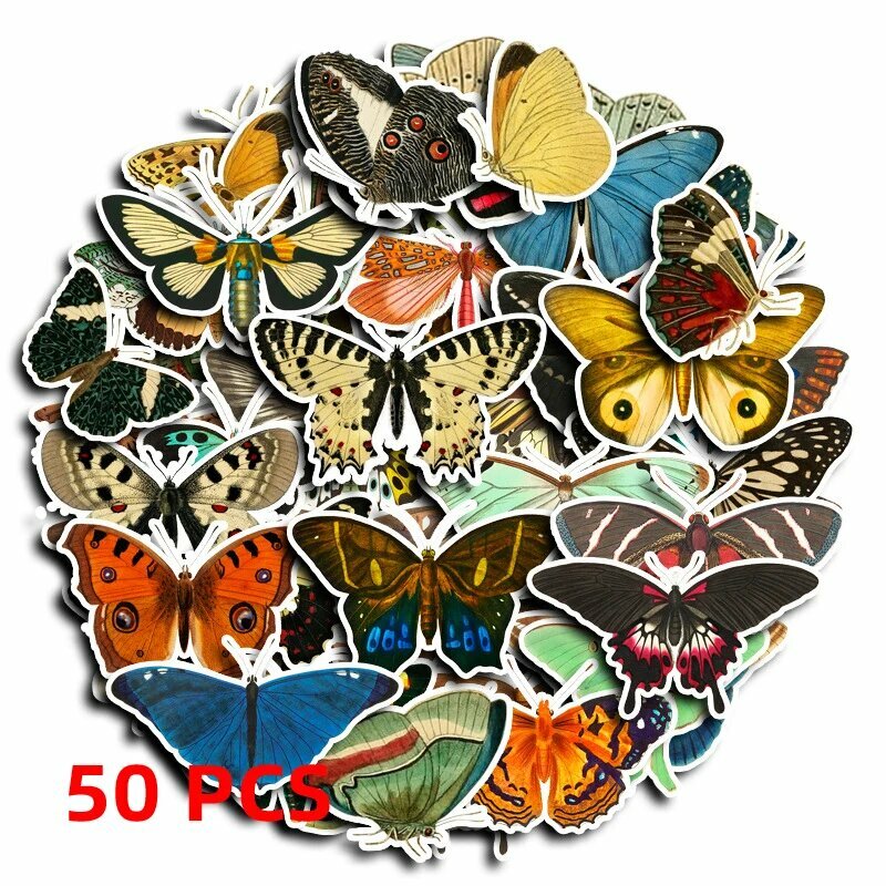 Наклейки бабочки винтажные, 50 шт. разных цветов