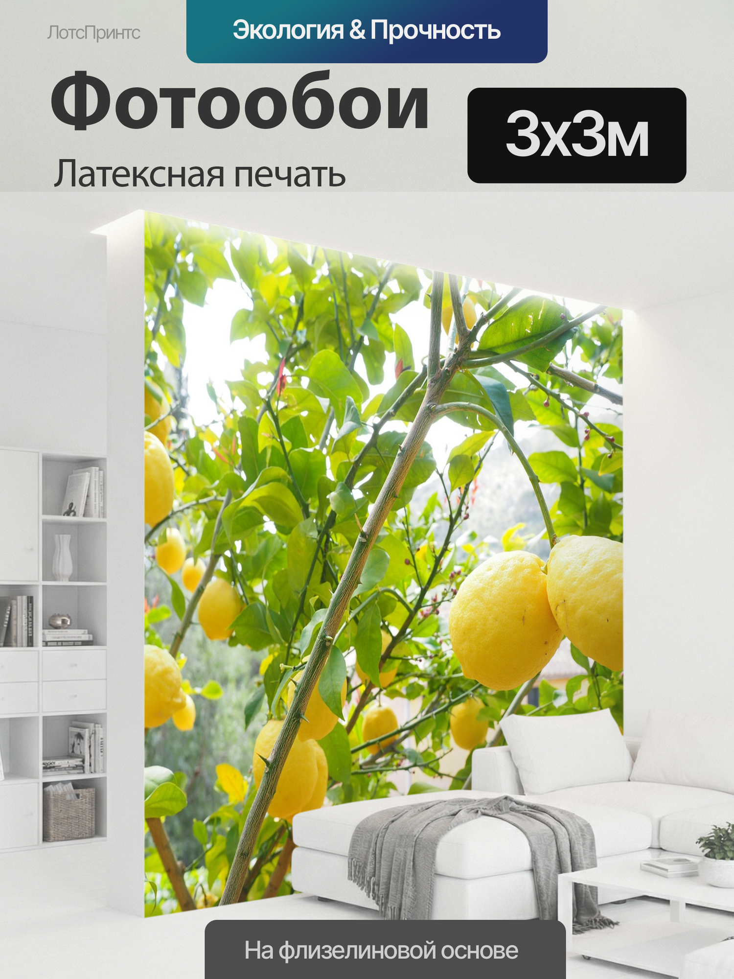 Фотообои моющиеся ударопрочные "Лимон, лимоне, лимонное дерево" 300x300 см. латексная печать