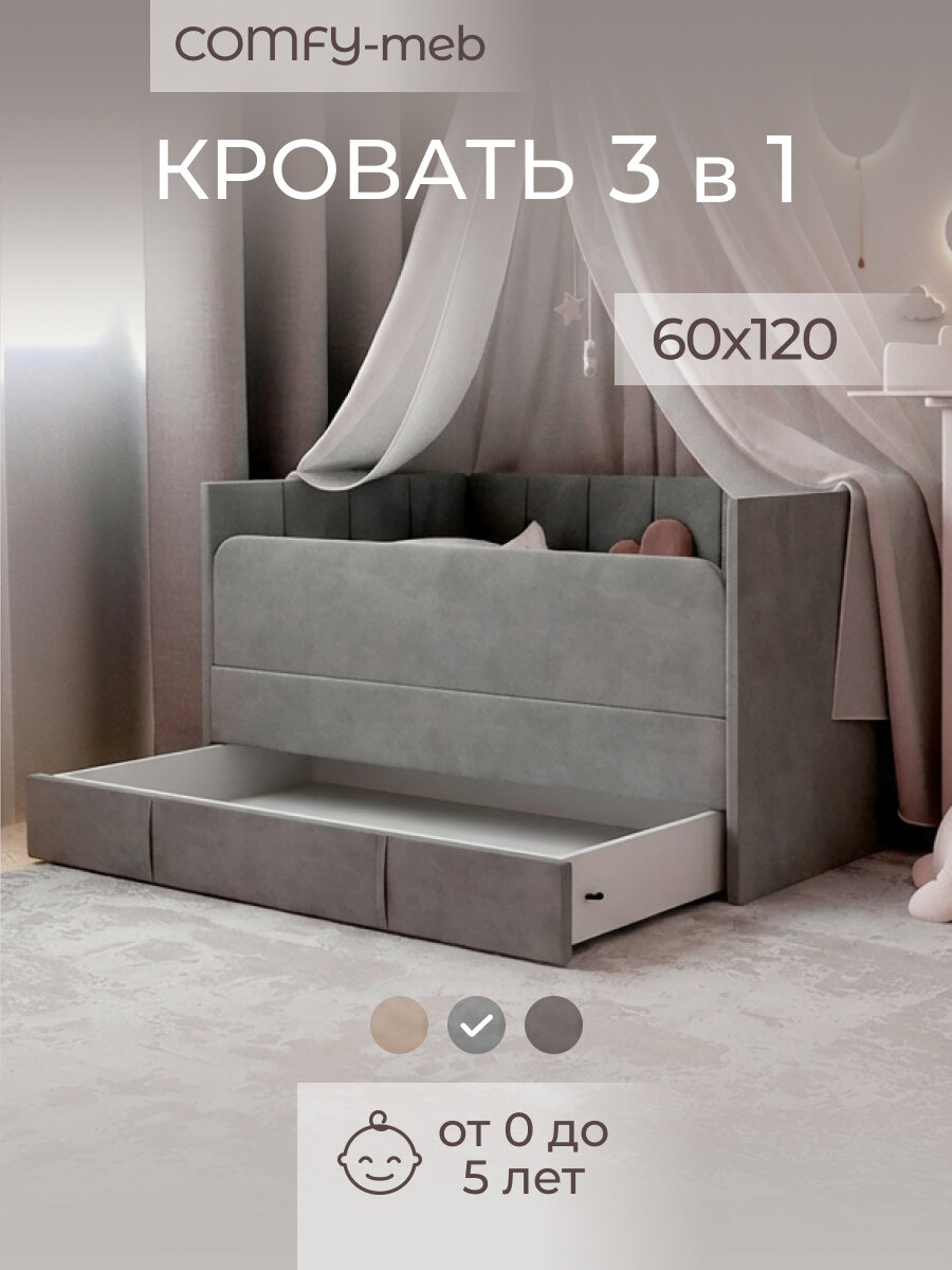 Кровать детская для новорожденных приставная с бортиком и ящиком цвет велюр серый