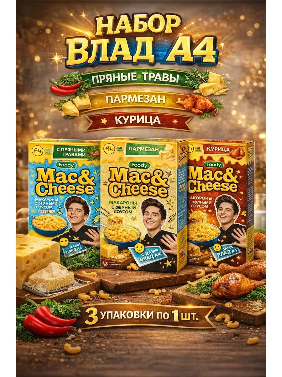 Набор 3 вкуса макарон Влад А4 Mac&Cheese по 143 гр