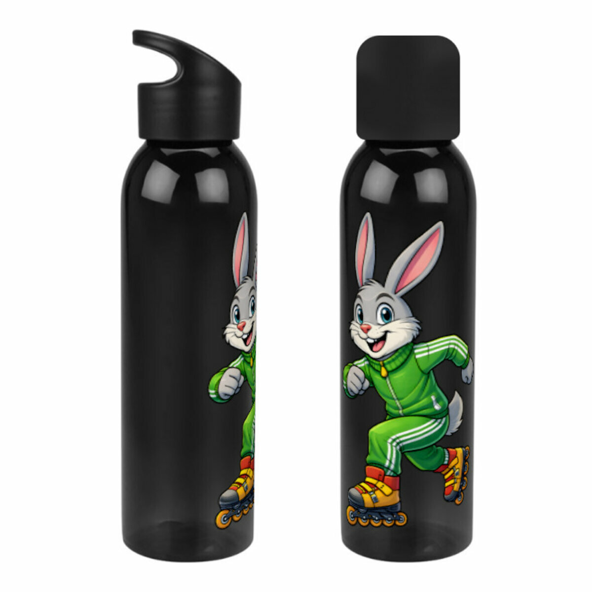 Бутылка для воды «Заяц в спортивном костюме на роликах» (черный)