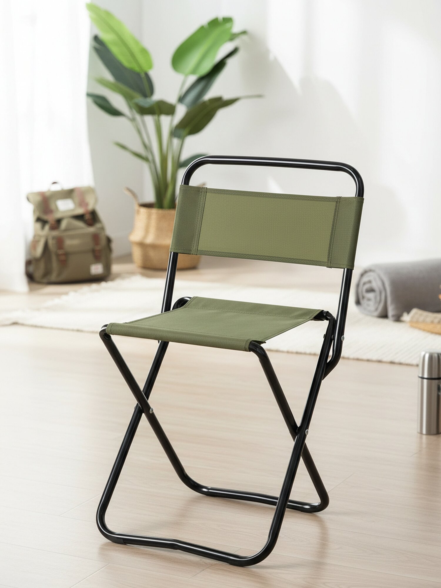 Стул складной со спинкой усиленный для туризма, отдыха на даче, металлический каркас, зеленый, 35х35х58 см.