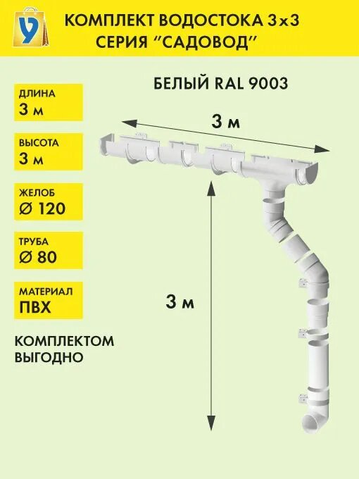 Водосток садовод белый 3х3 / Комплект водосточной системы для крыши дома ПВХ 120/80