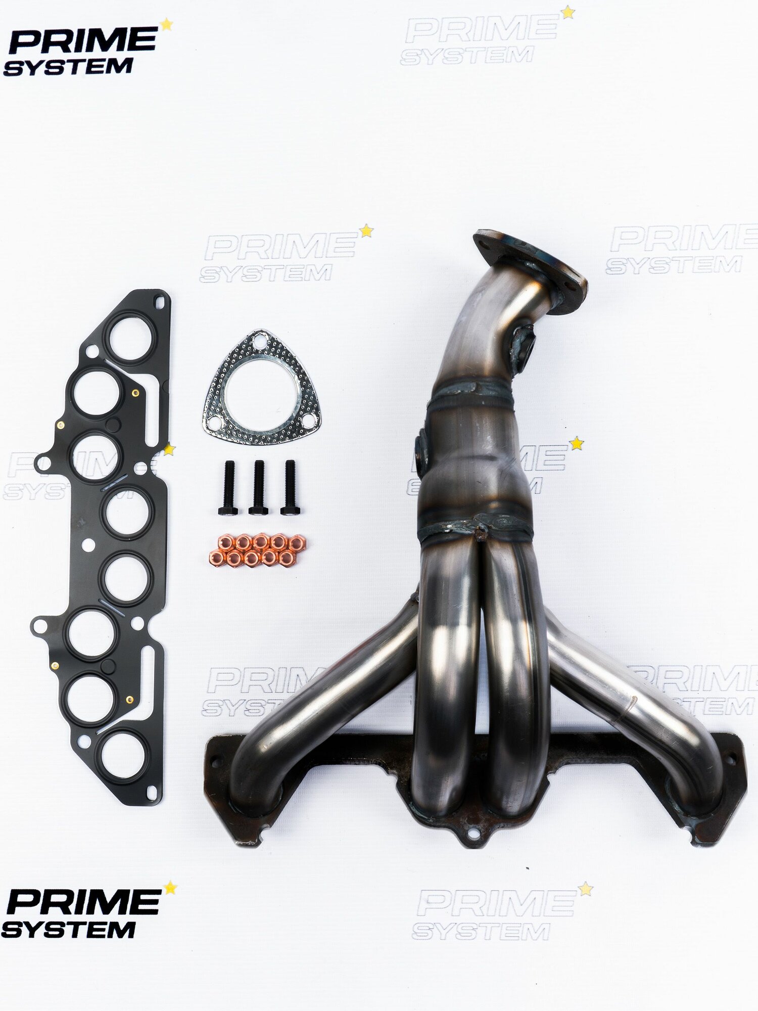 Выпускной коллектор паук 8ми клапанный PRIME SYSTEM 4-1 (вставка замены катализатора) для автомобилей Приора, Калина, Гранта,2110-15 1.6 литра под 2 датчика кислорода (с прокладками, гайками, болтами)