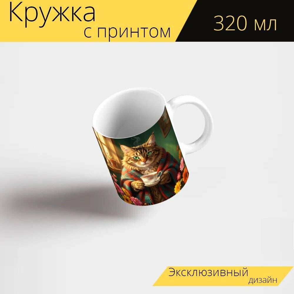 Кружка с рисунком, принтом "Кот с чашкой чая у окна. Уютная иллюстрация: пушистый полосатый питомец в ярком вязаном пледе держит фарфоровую чашку на блюдце. Тёплый солнечный." 320 мл.