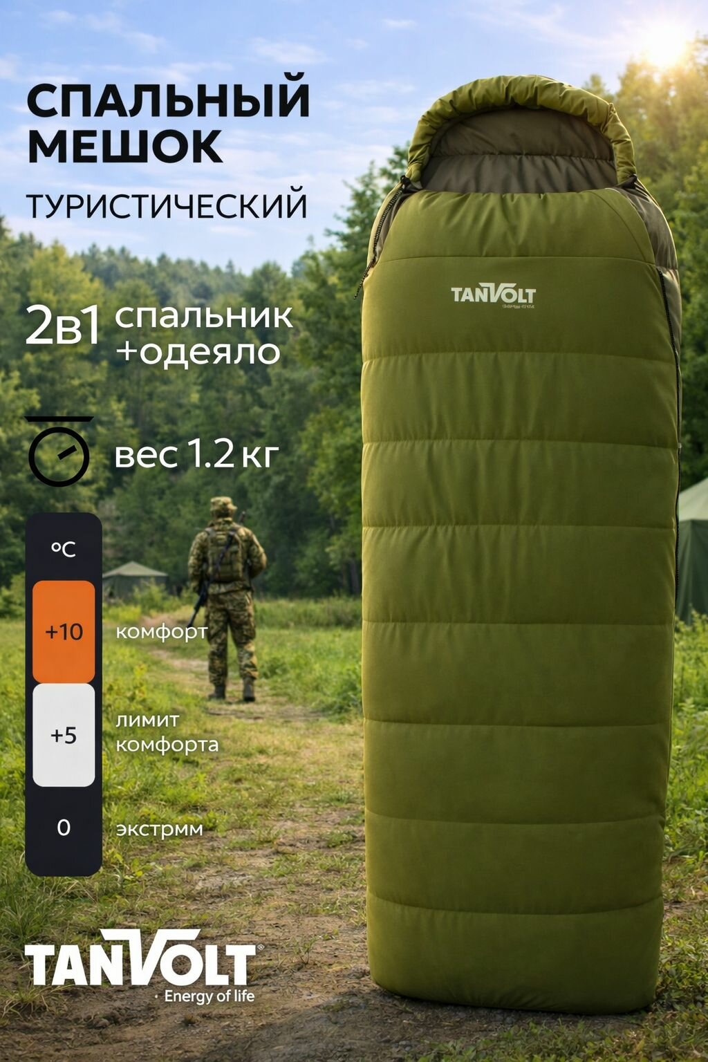 Спальный мешок-одеяло с подголовником туристический легкий спальник TANVOLT