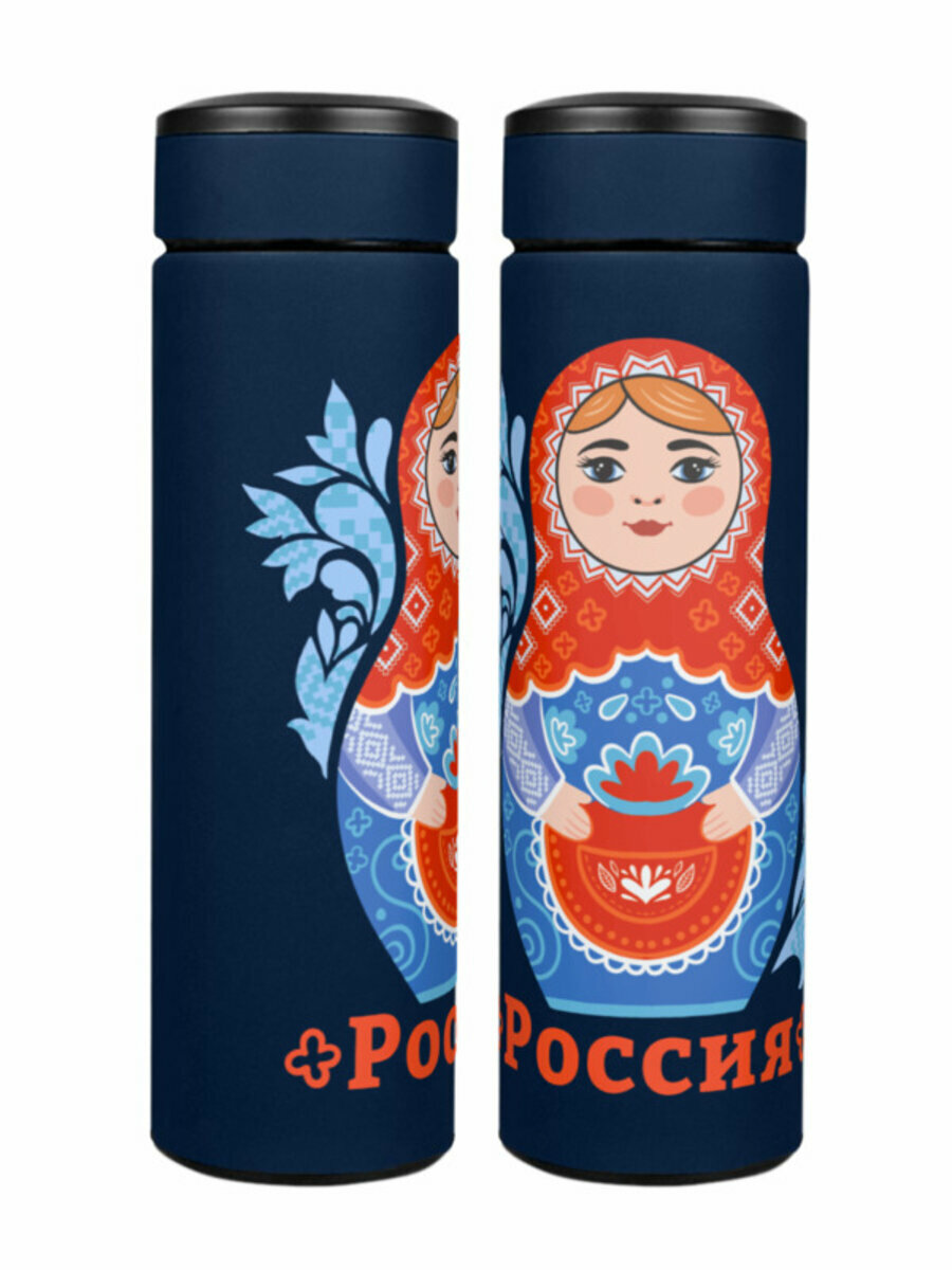 Термос «Матрёшка, Россия, народный стиль» (темно-синий)