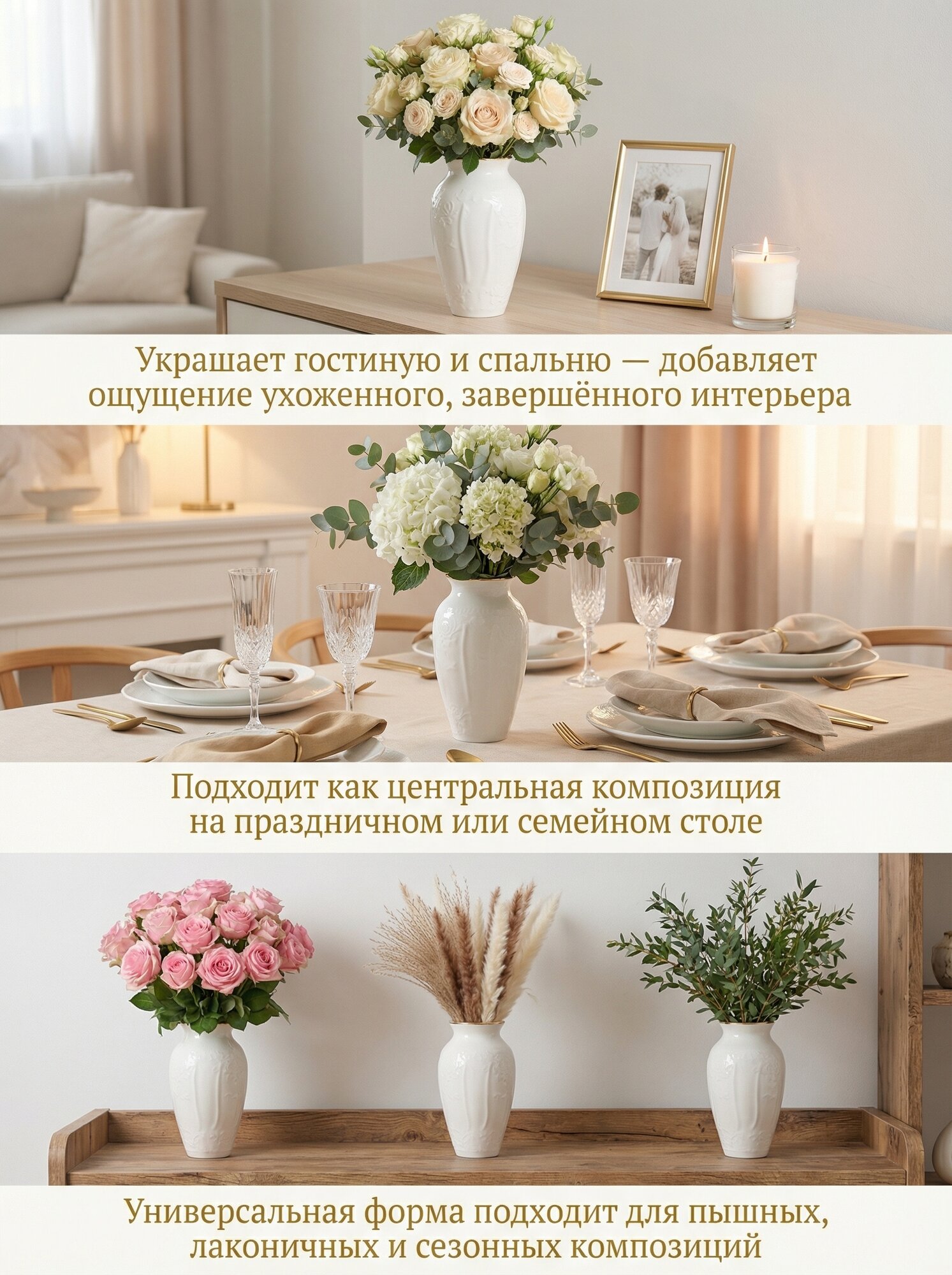 Ваза Lenardi "Жемчуг", фарфор, настольная, высота 30.5 см, белый и золотой цвет — фото 1