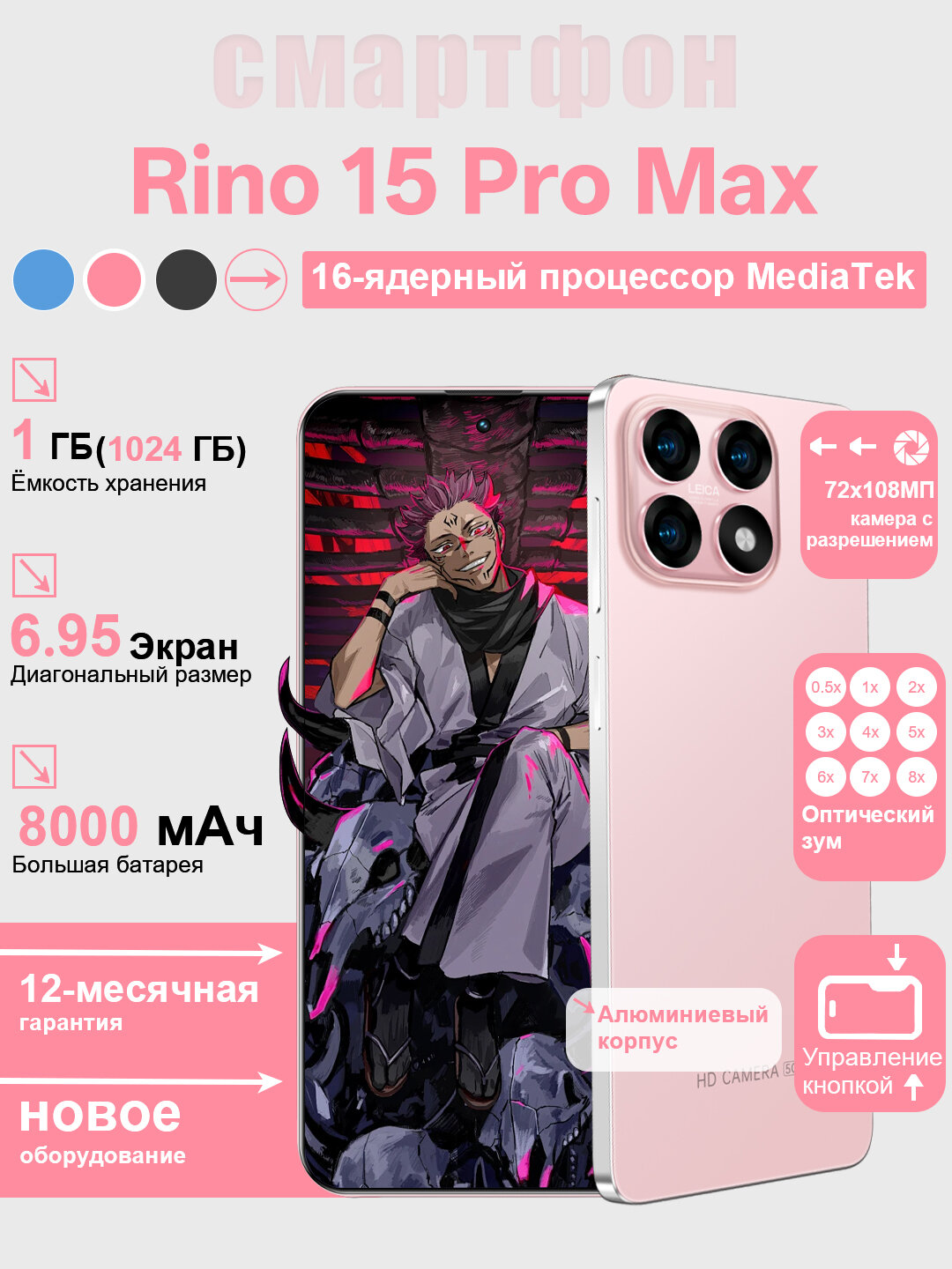 Смартфон Rino 15Pro Max 16/1024 ГБ RU, Dual nano SIM, Android 14, Синий