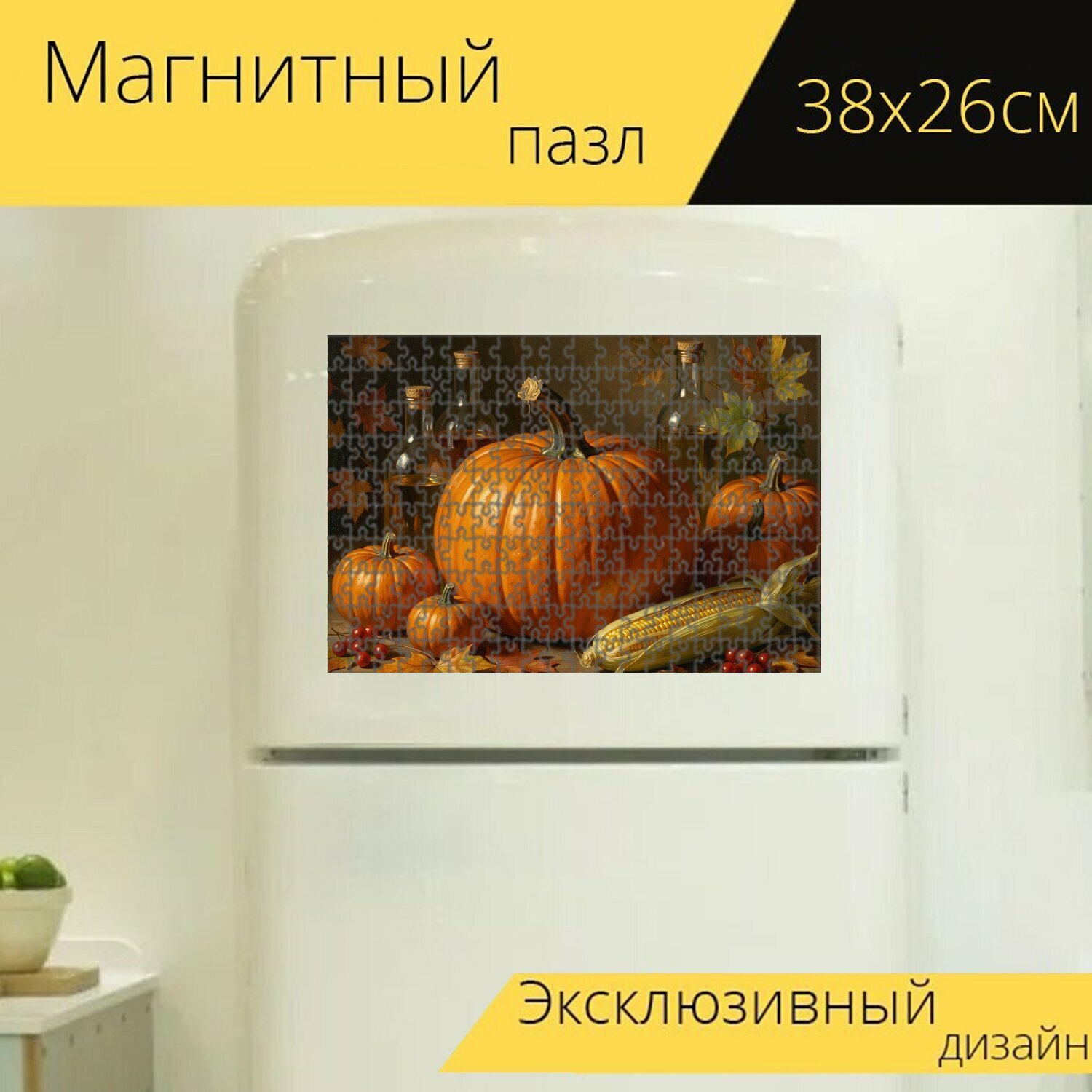 Магнитный пазл "Осенний натюрморт с тыквами. Тёплая композиция в реалистичной живописи: крупные оранжевые плоды, початки кукурузы, бутылки с маслом." для интерьера, 38х26 см.