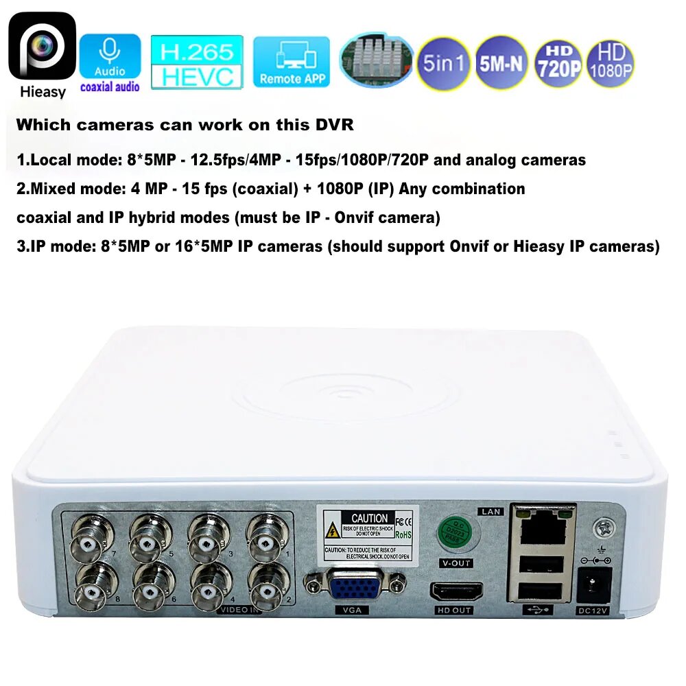 Гибридный NVR/DVR видеорегистратор для систем видеонаблюдения, 8-канальный, 5 Мп, 12.5 кадров/с, 1080P, 720P, TVI, CVI, CVBS, 5M-N, P2P, с интеллектуальной поддержкой IP-камер Onvif, HiEasy