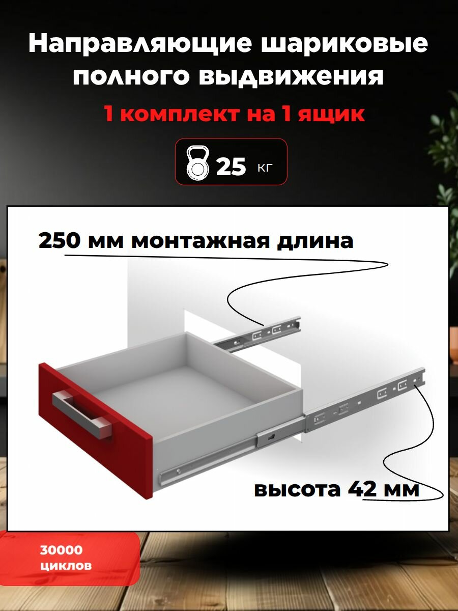 Направляющие шариковые полного выдвижения монтажная длина 250 мм, высота 42 мм, 1 комплект.