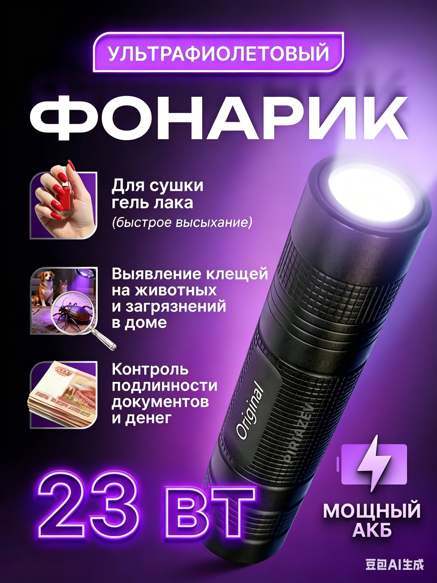 Ультрафиолетовый фонарик длина волны 365nm с ZWB фильтром и аккумулятором