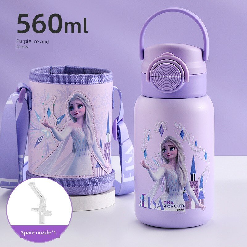 Термос Disney 560 мл с дизайном Синей Снежинки и дополнительным соломинкой, двойное питье из стали 316