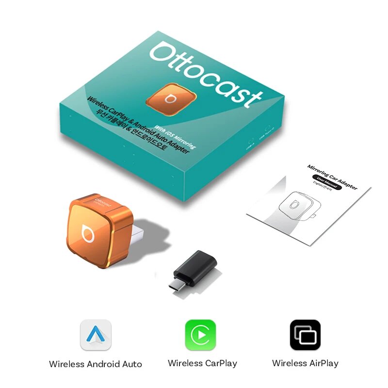 Беспроводной автомобильный адаптер OTTOCAST Mini Air 3-в-1 CarPlay для Android, поддерживает зеркальное отображение экрана AirPlay, работает по принципу Plug and Play, совместим с Audi, Volkswagen и Kia.