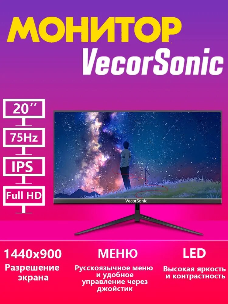 Плоский монитор 20 дюймов IPS 1440×900 75 Гц 5 мс HDMI VGA черный корпус